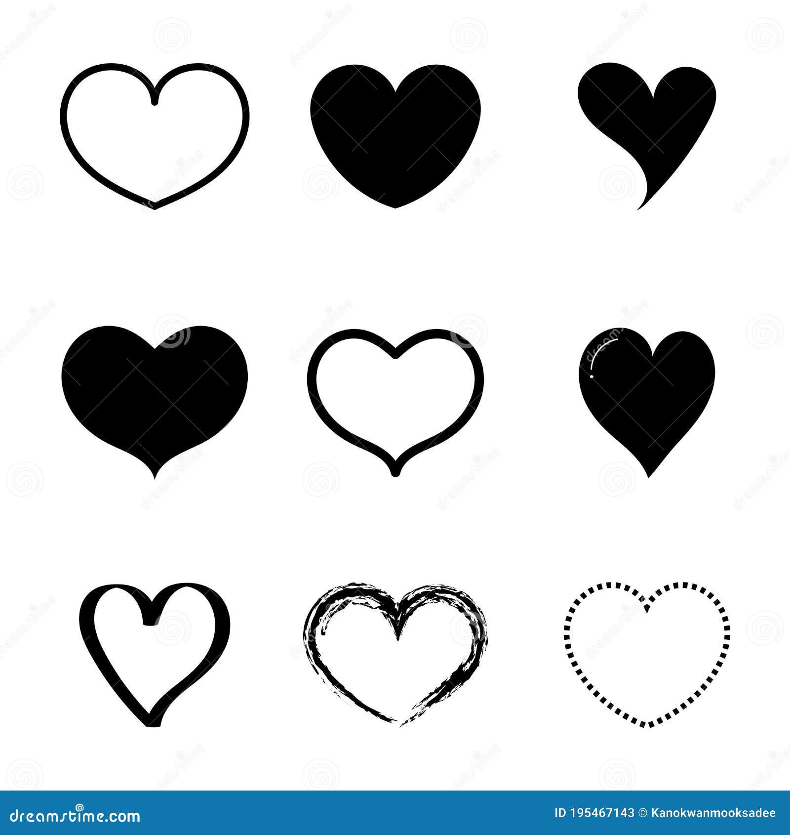 Set Vector Heart Black Outline Draw the Hand. Creative Design Set ...