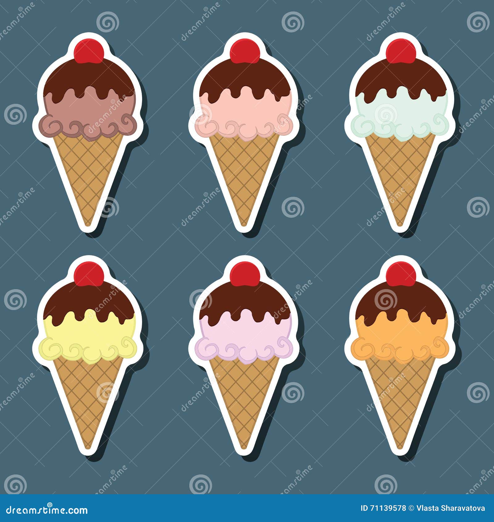 Set of 6 Vector Ice Cream Stickers with Chocolate Topping and Cherry ...
