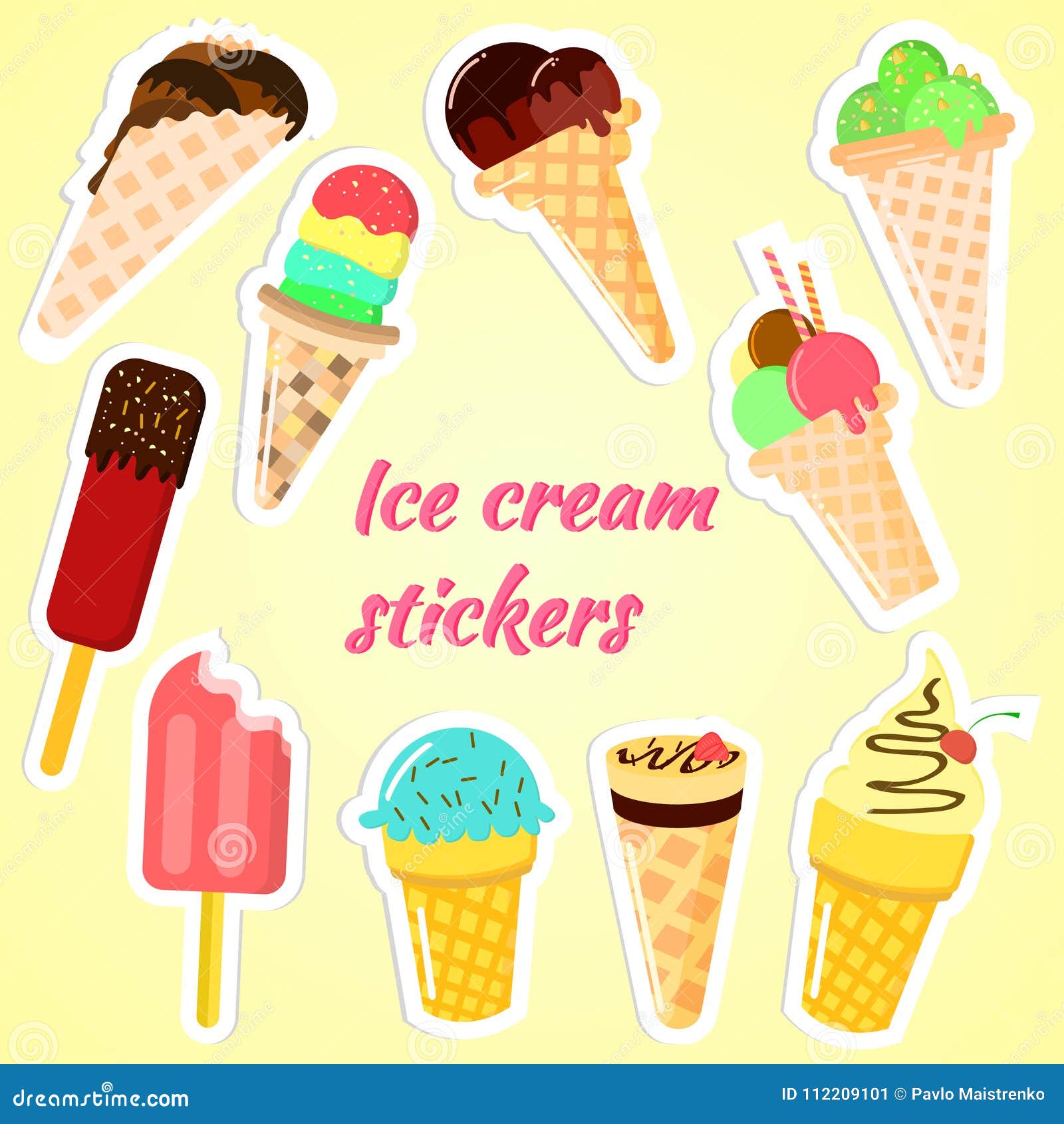 Ice Cream Stickers. Summer Cold Dessert Set On Sticks In Cones Cups And ...
