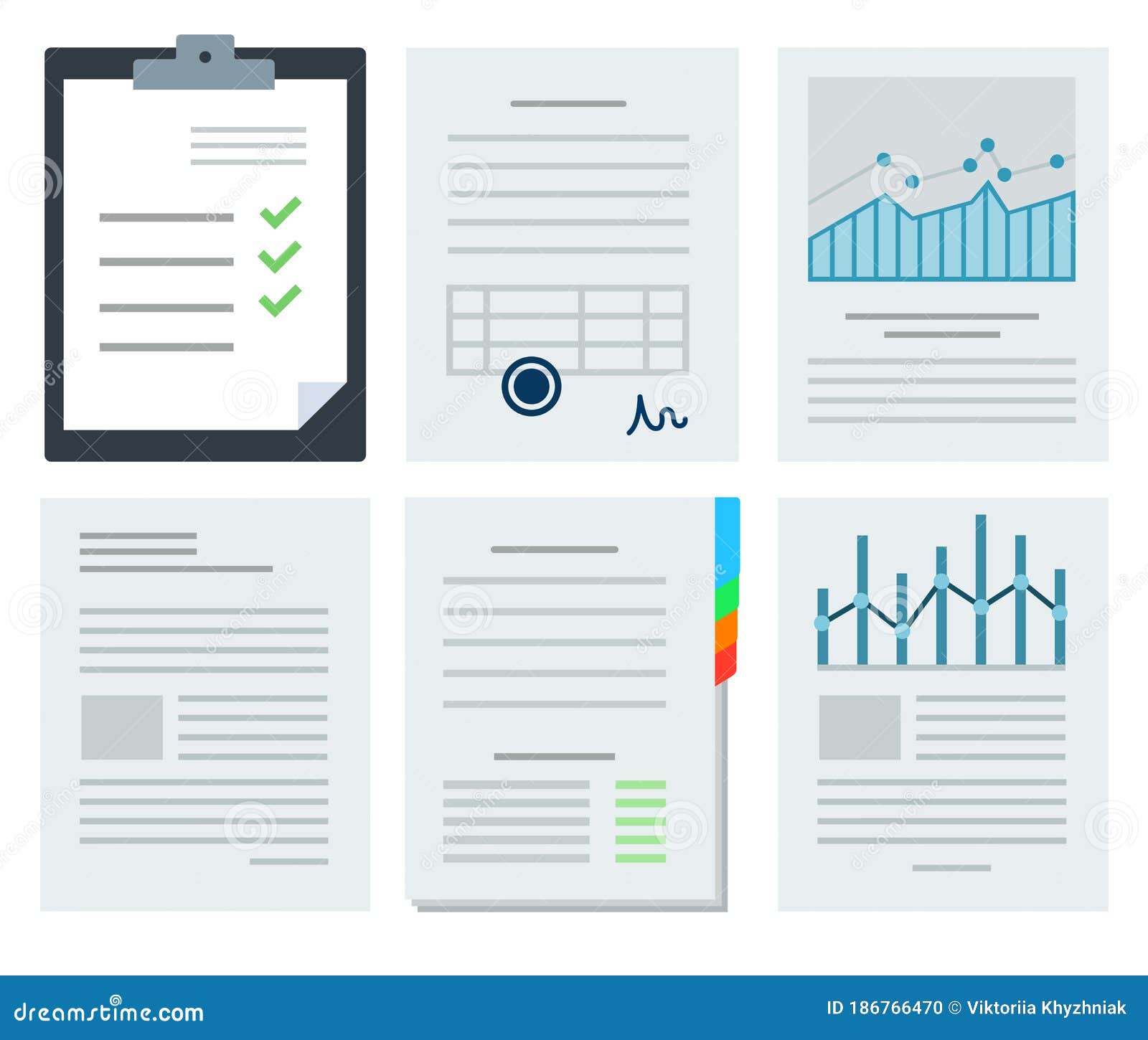 Set Vector Icons Business Documents with Charts, Graphs and Stamp in ...