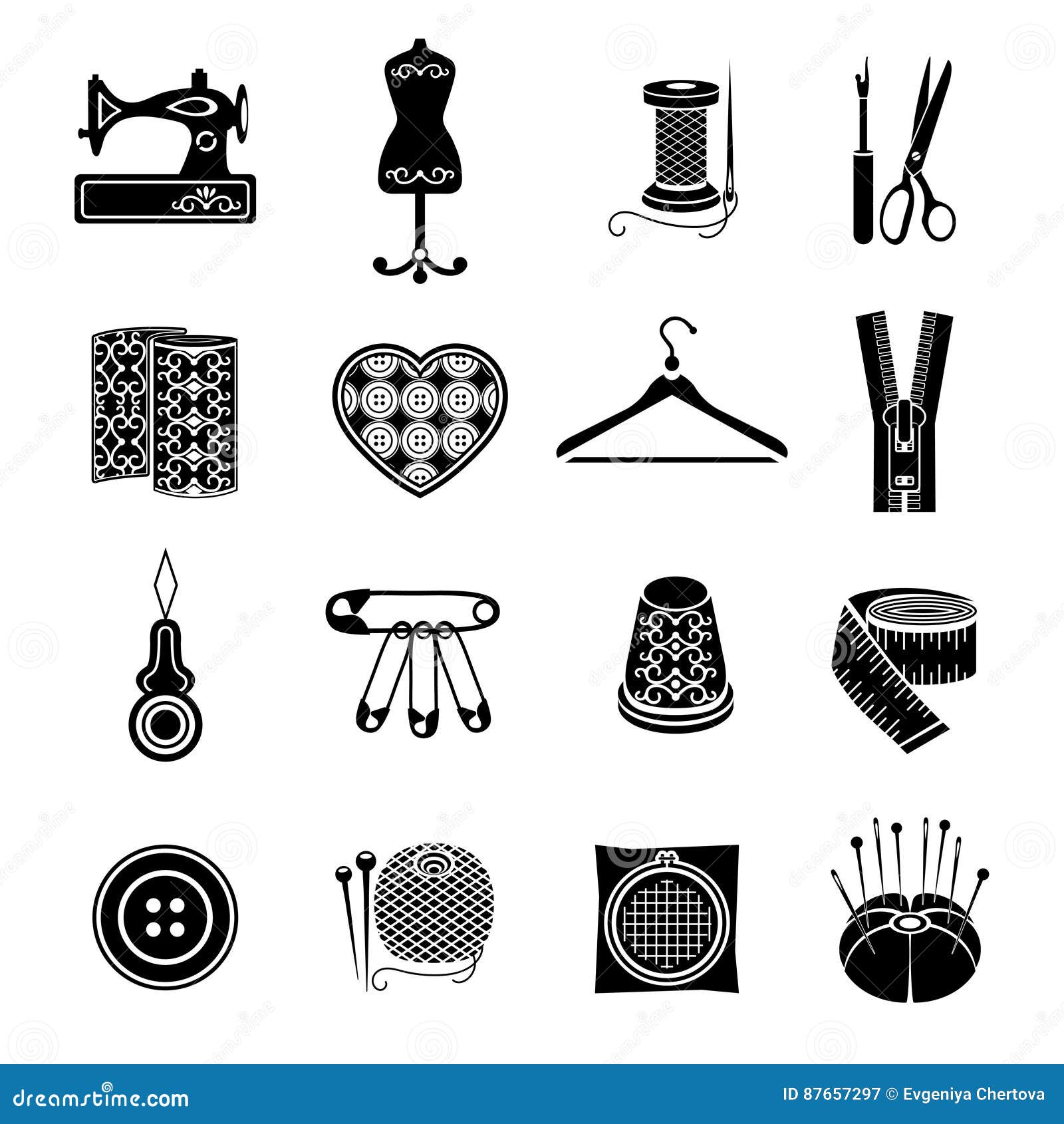 Set of Vector Icons Sewing Tools. Black Sewing Supplies on White ...