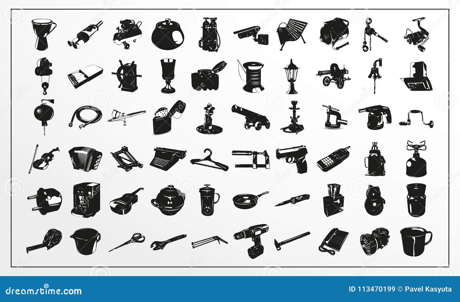 Set of Vector Icons on a Theme Everyday Objects in Black and White ...