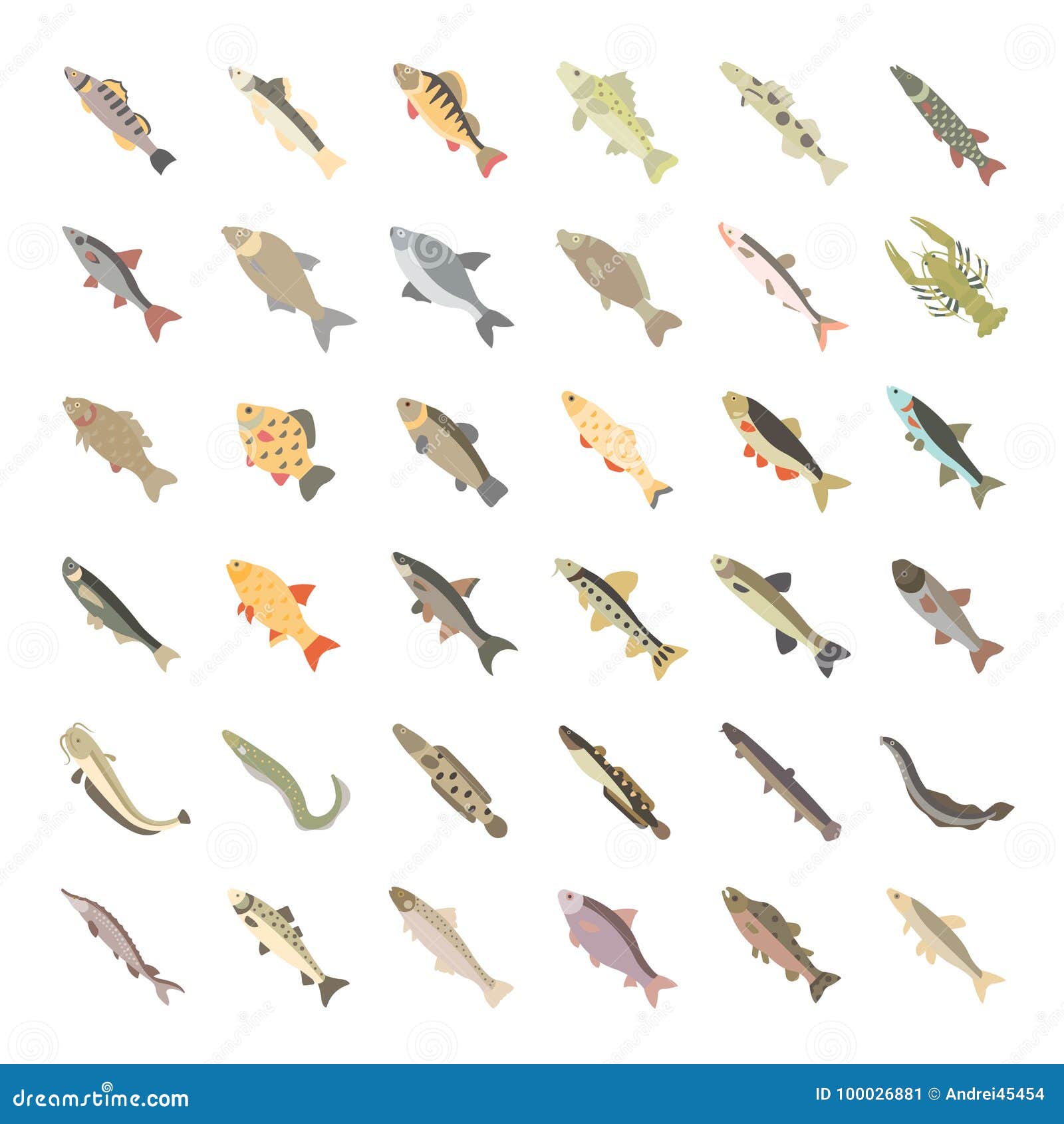Set Vector Flat Icons of Freshwater Fish Stock Illustration ...