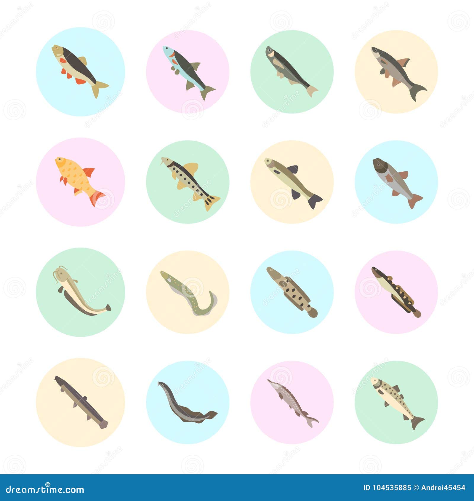 Set Vector Flat Icons of Freshwater Fish Stock Illustration ...