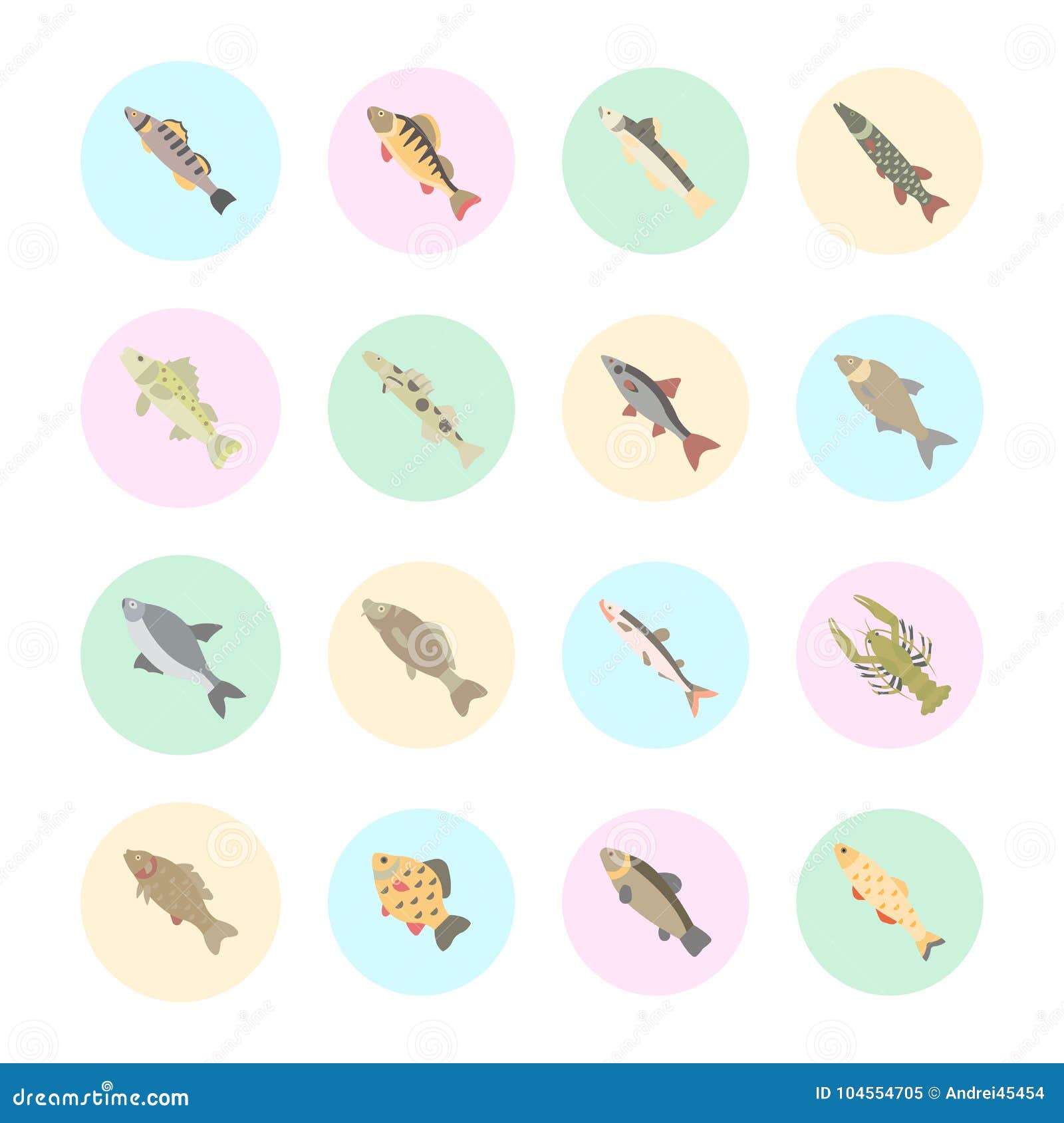 Set Vector Flat Icons of Freshwater Fish Stock Illustration ...