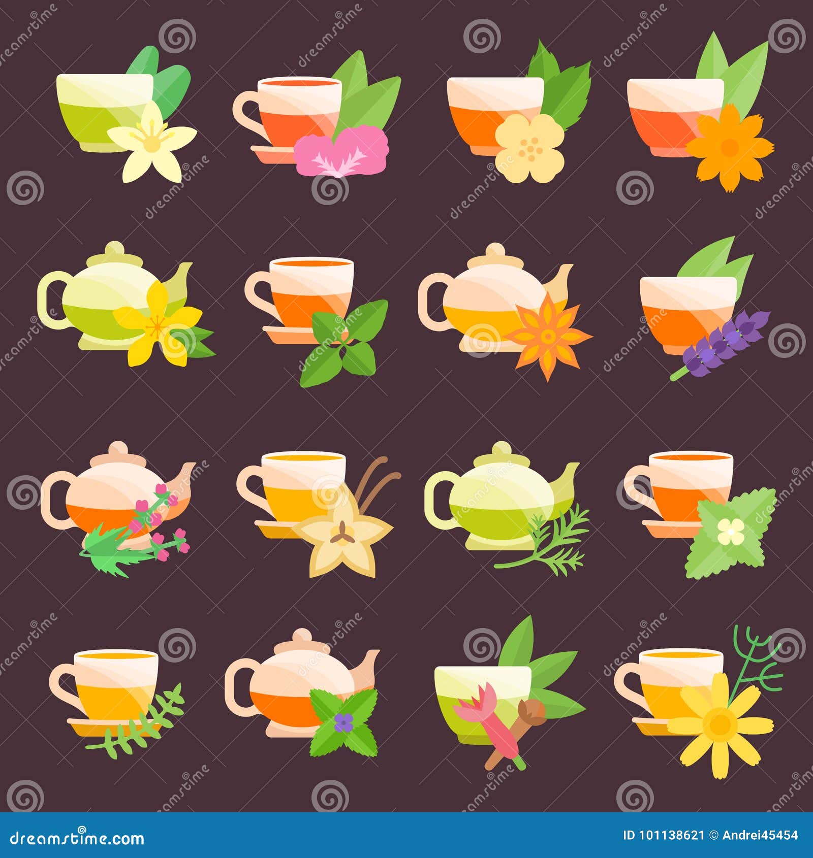 Set Vector Flat Icons of Herbal Tea Stock Illustration - Illustration ...