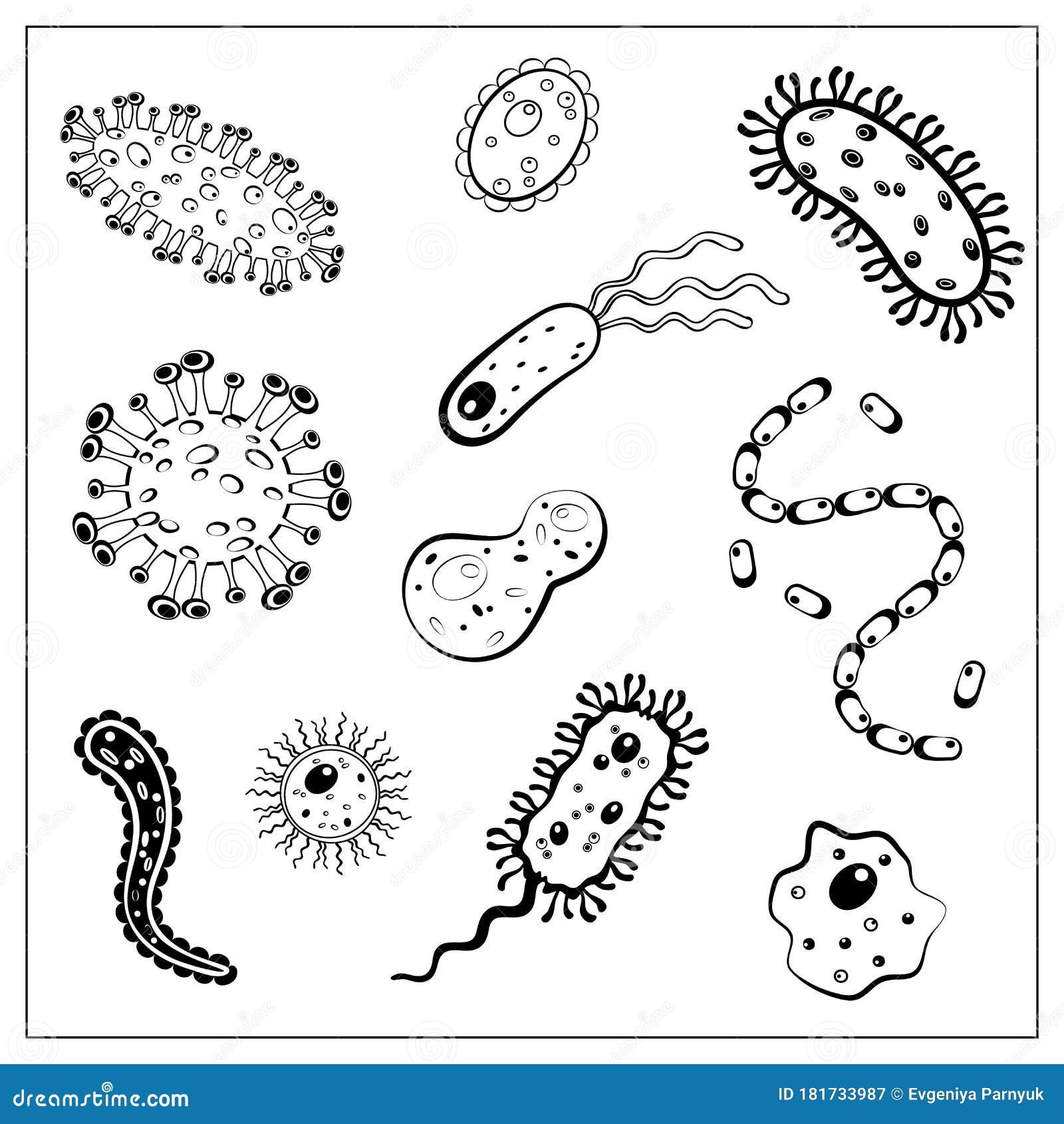 Set of Vector Illustration with Outlines of Different Bacteria, Virus ...