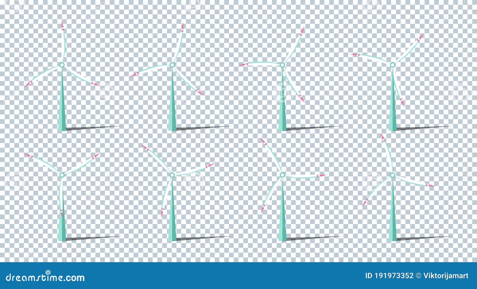 Set of Vector Illustration. Windmills with Shadow. Wind Turbines with ...