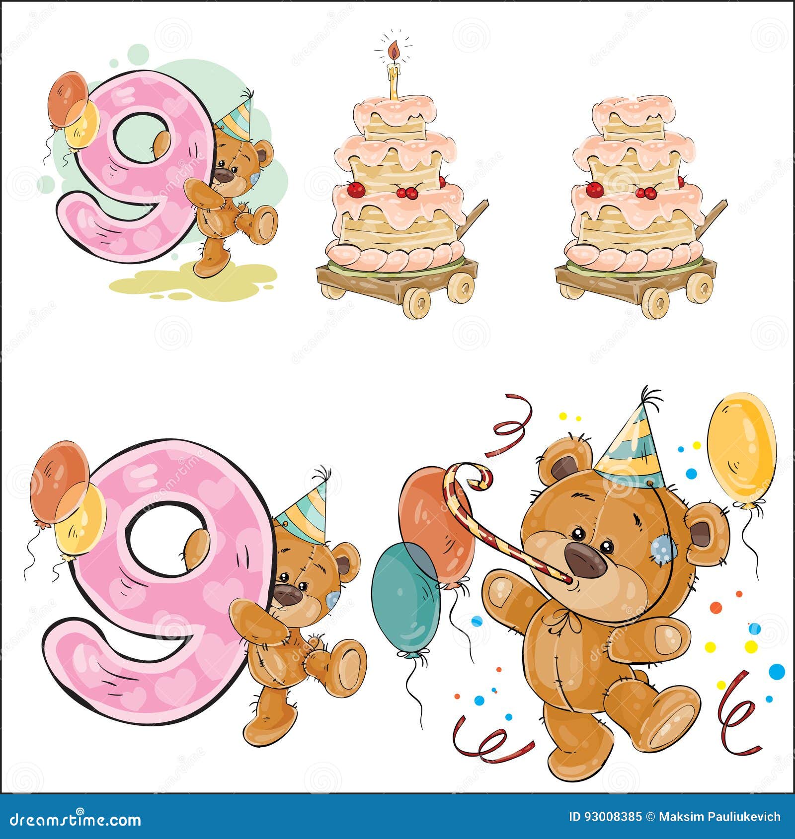 Set of Vector Illustrations with Brown Teddy Bear, Birthday Cake and ...