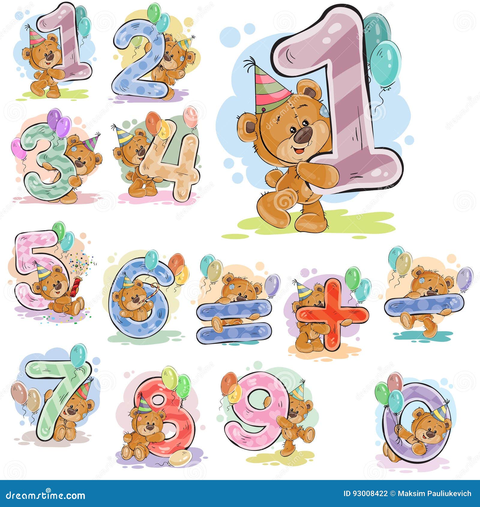 A Set of Vector Illustrations with a Brown Teddy Bear and Numerals and ...