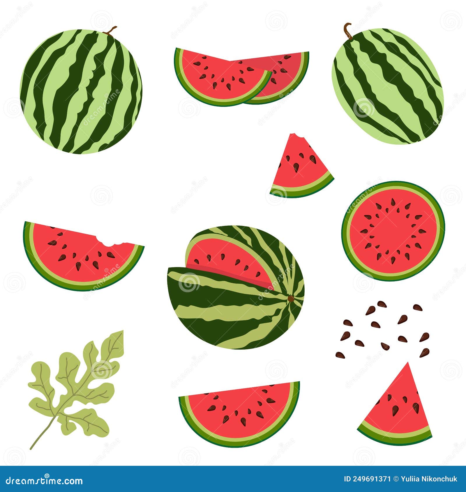 Set of Vector Illustrations of Flat Watermelon. Whole Watermelon, Cut ...