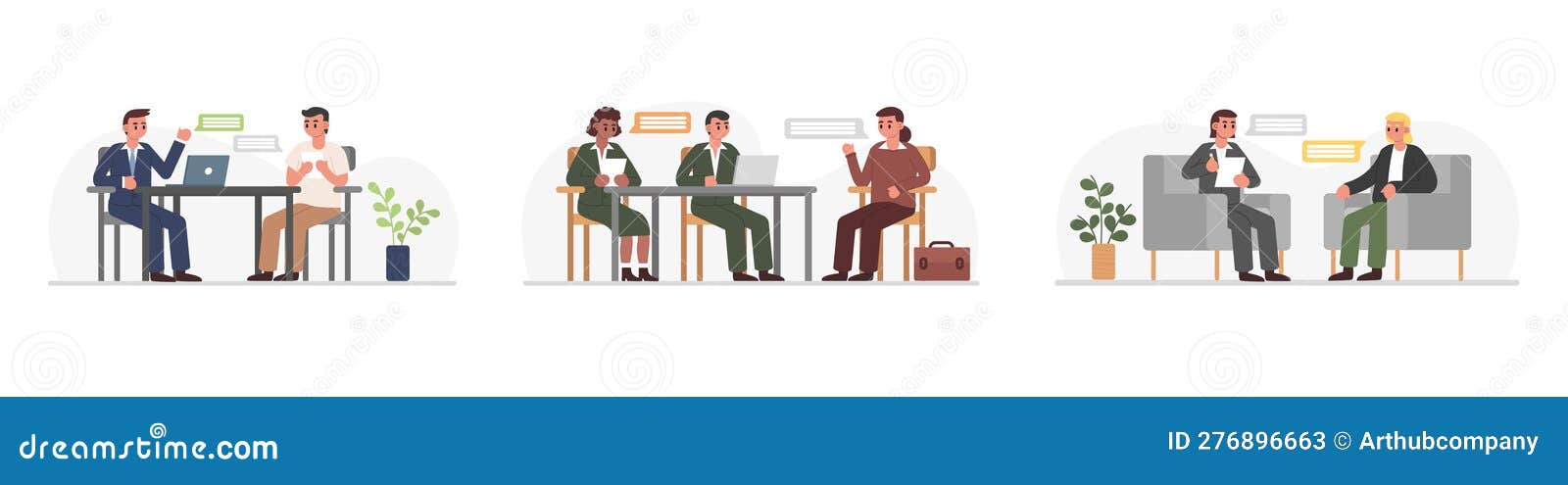 Set of Vector Illustrations about Interview. Male and Female Characters ...