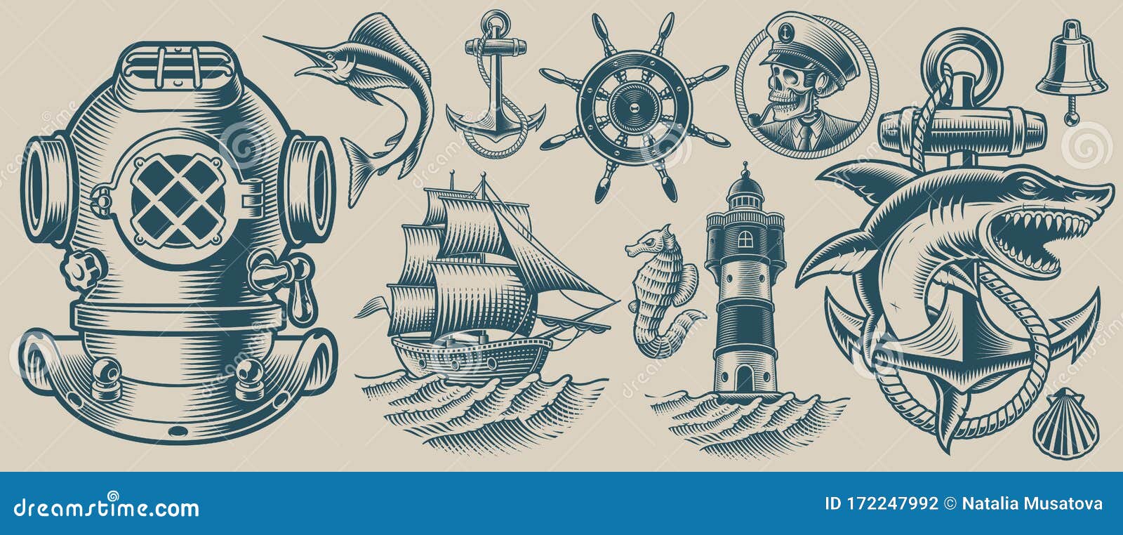 Set of Vector Illustrations on the Nautical Theme Stock Vector ...