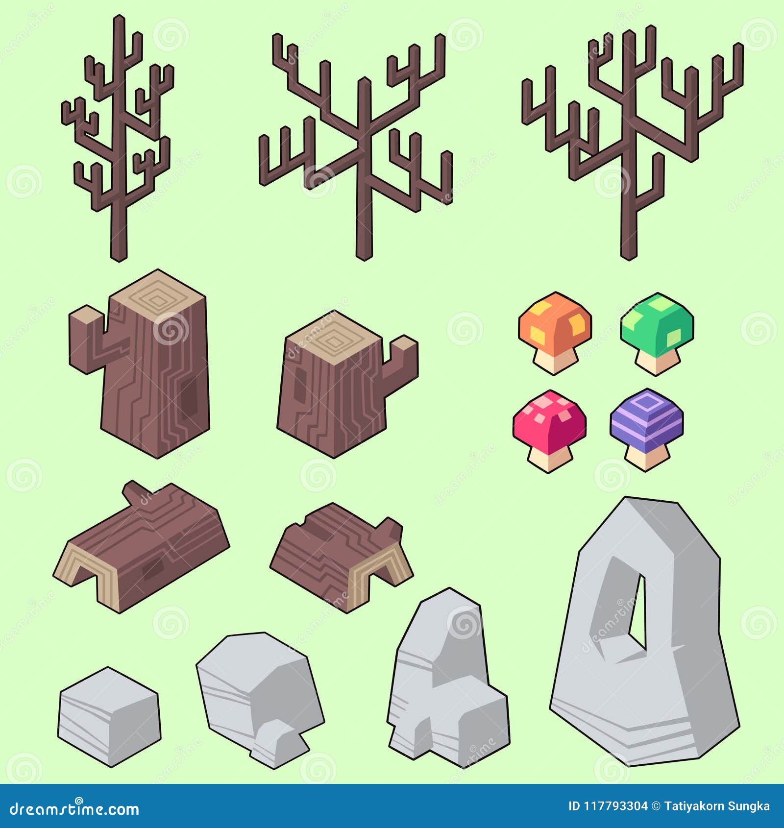 Set Vector Illustrations of Rock, Trunk, Branch and Elements for Garden ...