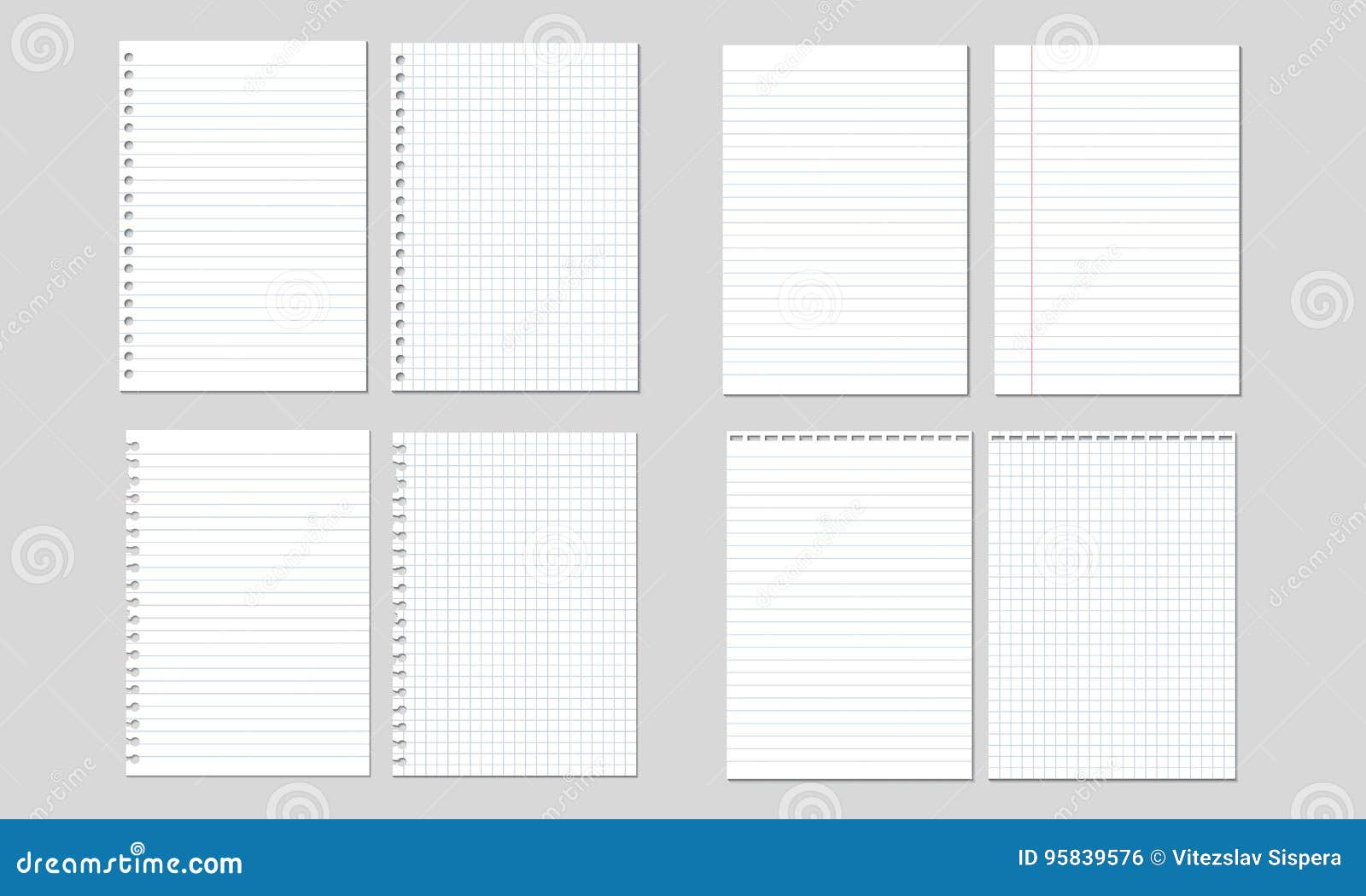 Set of Vector Illustrations of Sheets of Paper Lined and Square ...