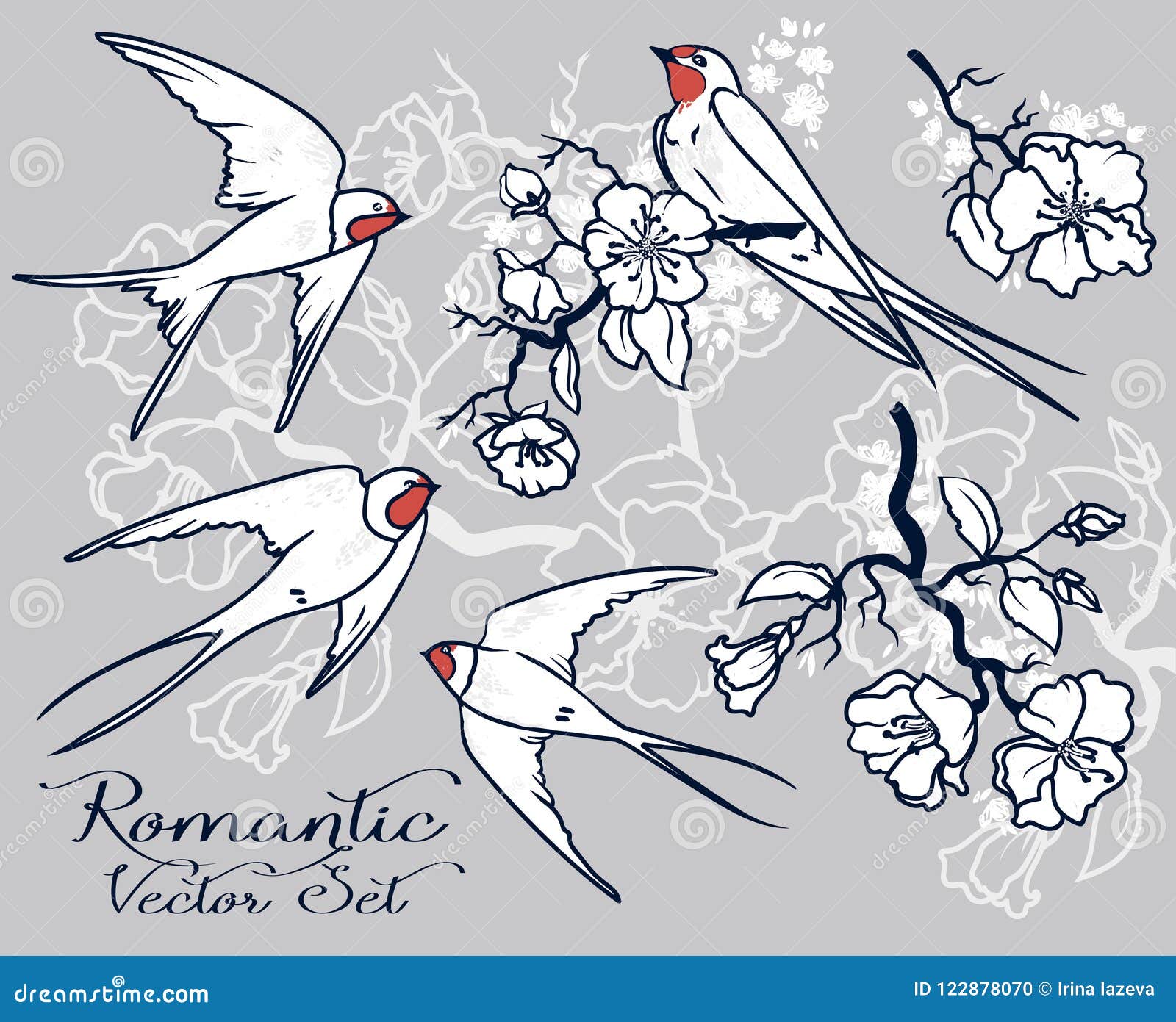 Swallows and Blooming Tree Branches, Sketch Style Stock Vector ...