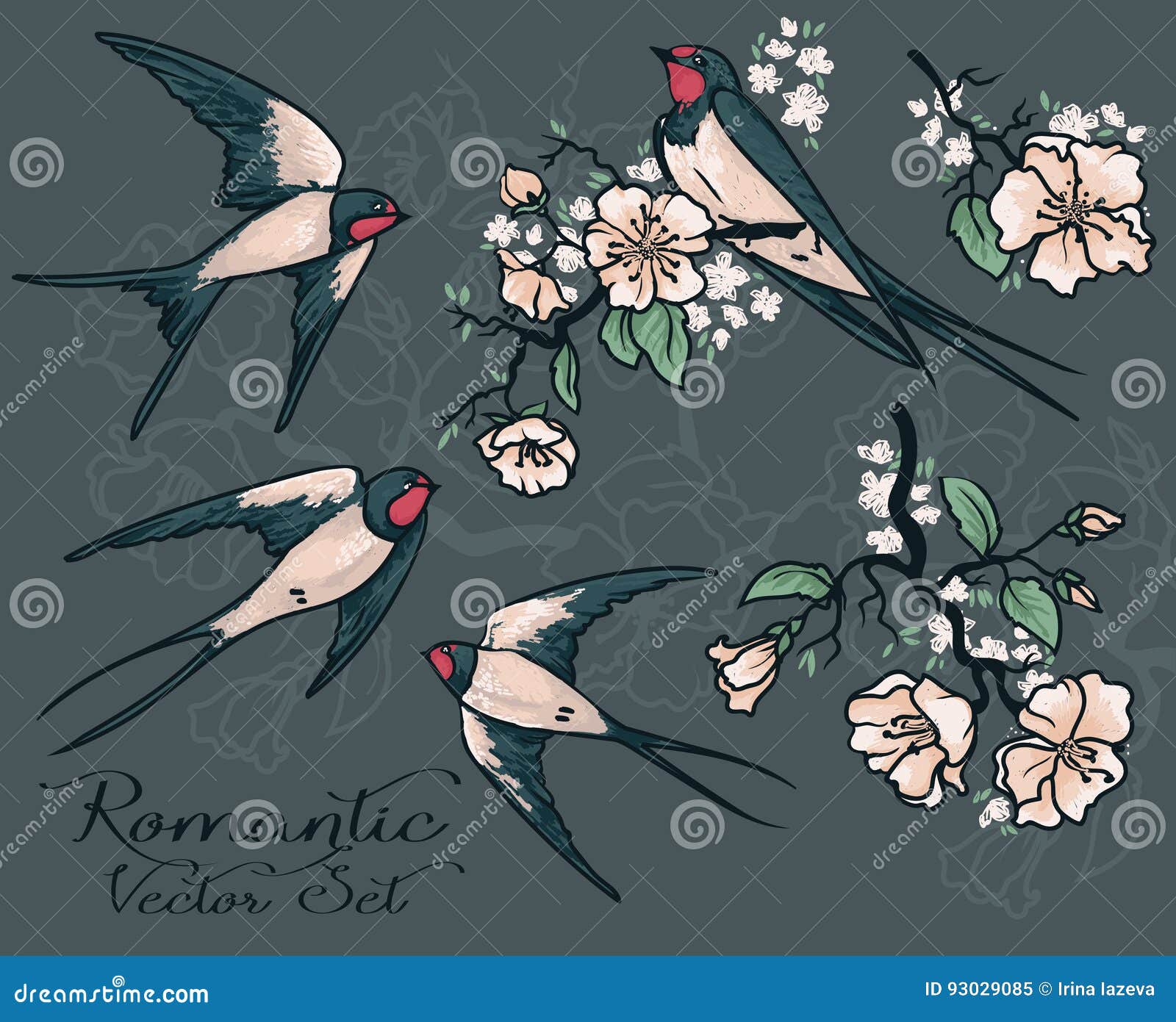 Set of Vector Illustrations: Swallows and Blooming Tree Branches Stock ...