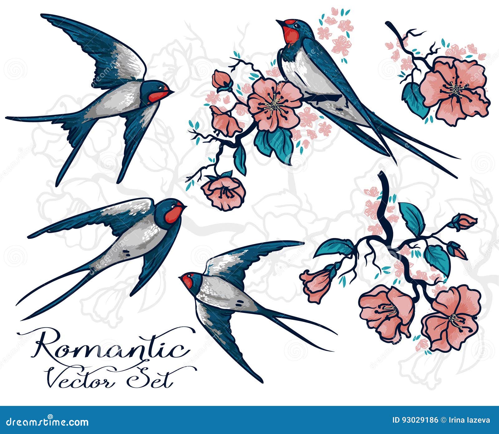 Set of Vector Illustrations: Swallows and Blooming Tree Branches Stock ...