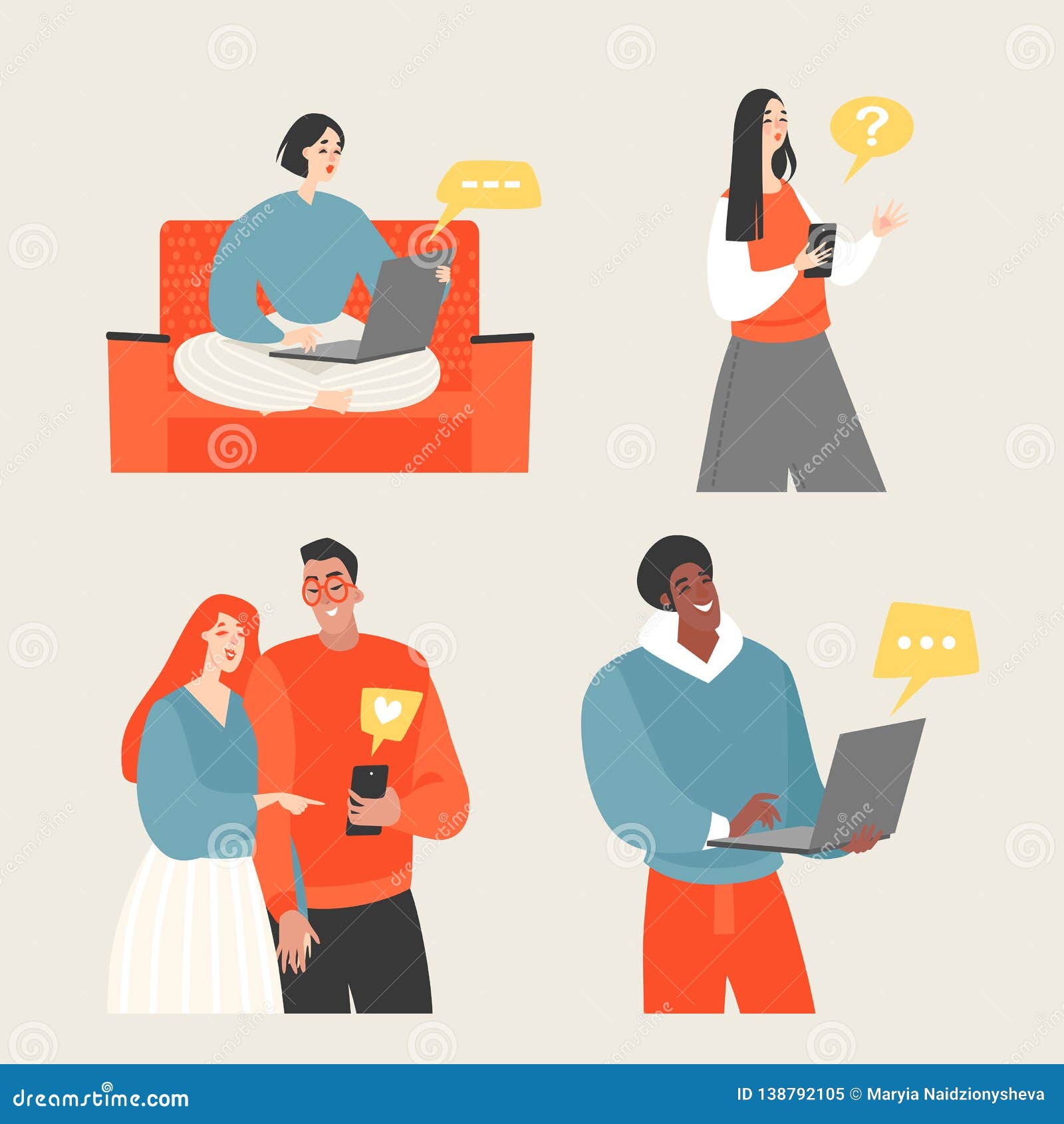 Set of Vector Illustrations of Young People Chatting in Messenger Using ...
