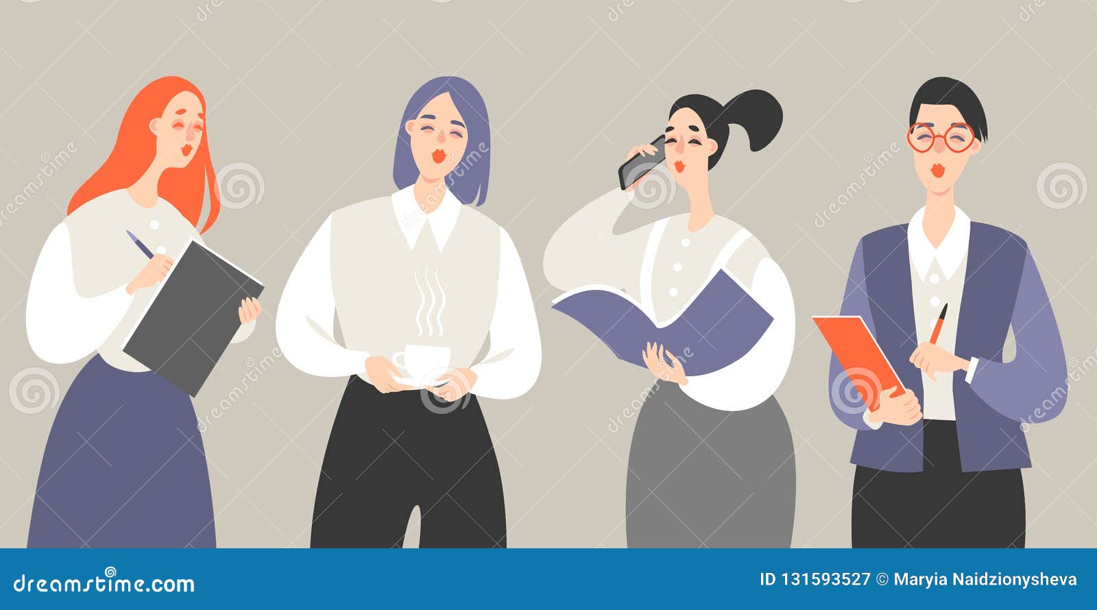 Set of Vector Illustrations of Young Secretaries at Work with Documents ...