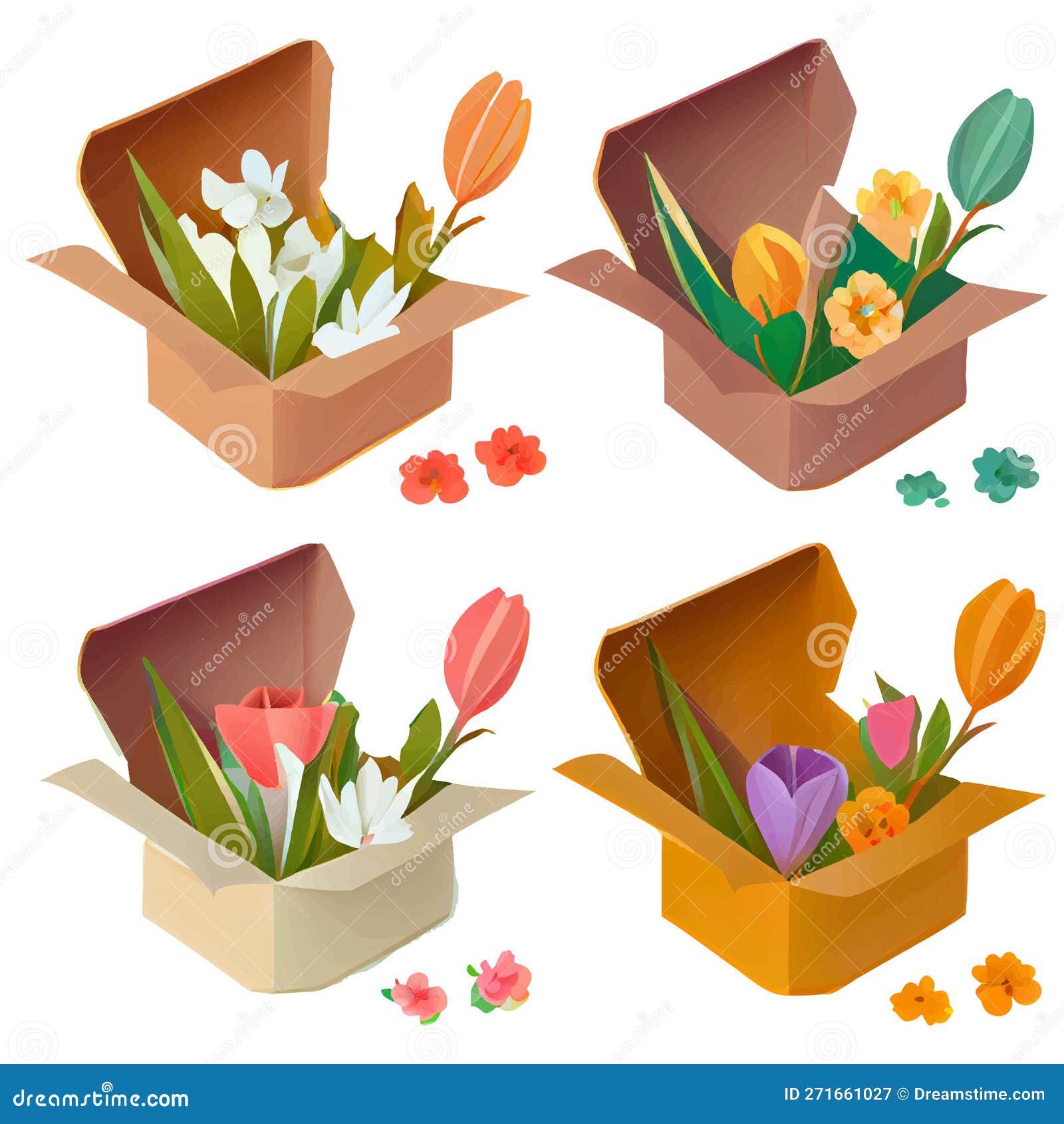 Set Vector Illustrtion of Flower in Pack Box Mail Isolated Stock Vector ...