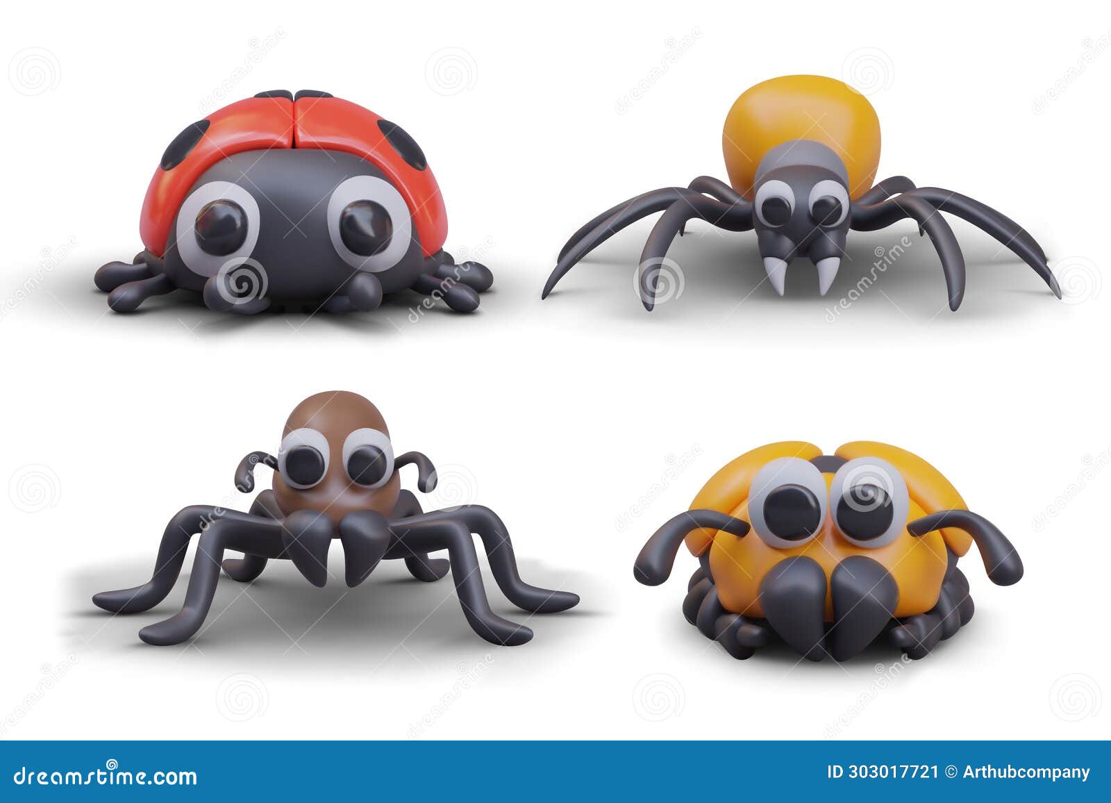 Set of Vector Insects with Cute Faces. 3D Ladybug, Spider, Ant, Beetle ...
