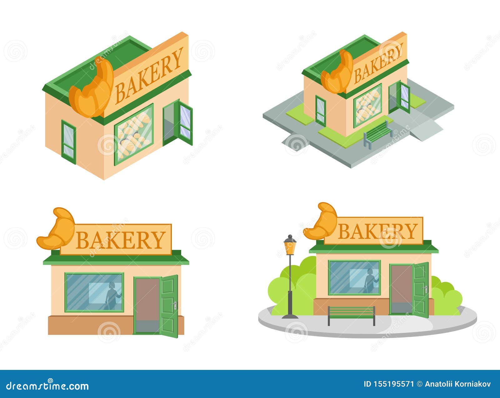 Set of Vector Isometric Bakery Shops from Different Angles. Facade of ...