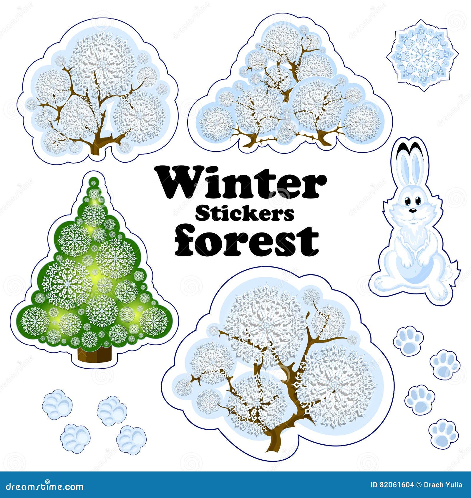 Set of Vector Labels for the Winter Forest. Snow-covered Trees, Shrubs ...