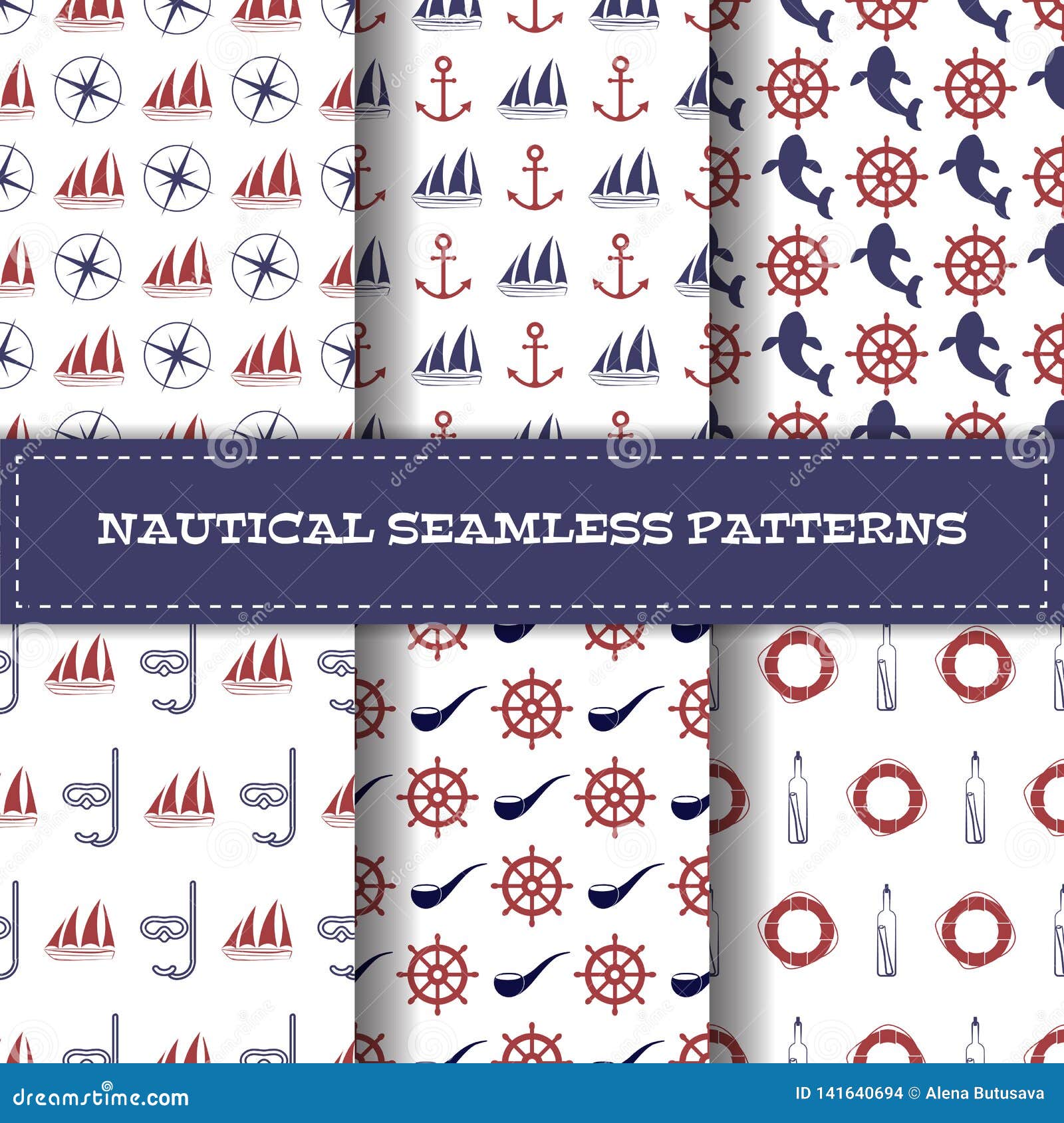 Set of Vector Line Art Nautical Seamless Patterns Stock Vector ...