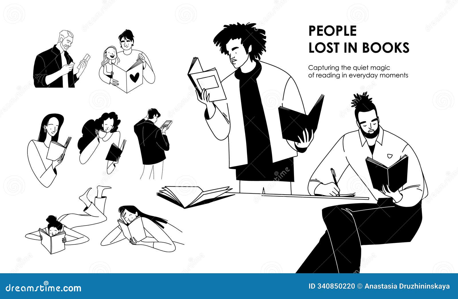 Set of Vector Line Drawings, People Lost in Books Stock Illustration ...