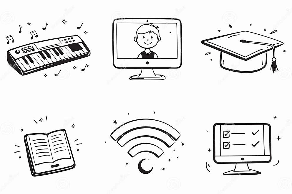 Set Vector Linear Illustrations Related To Online Education and ...