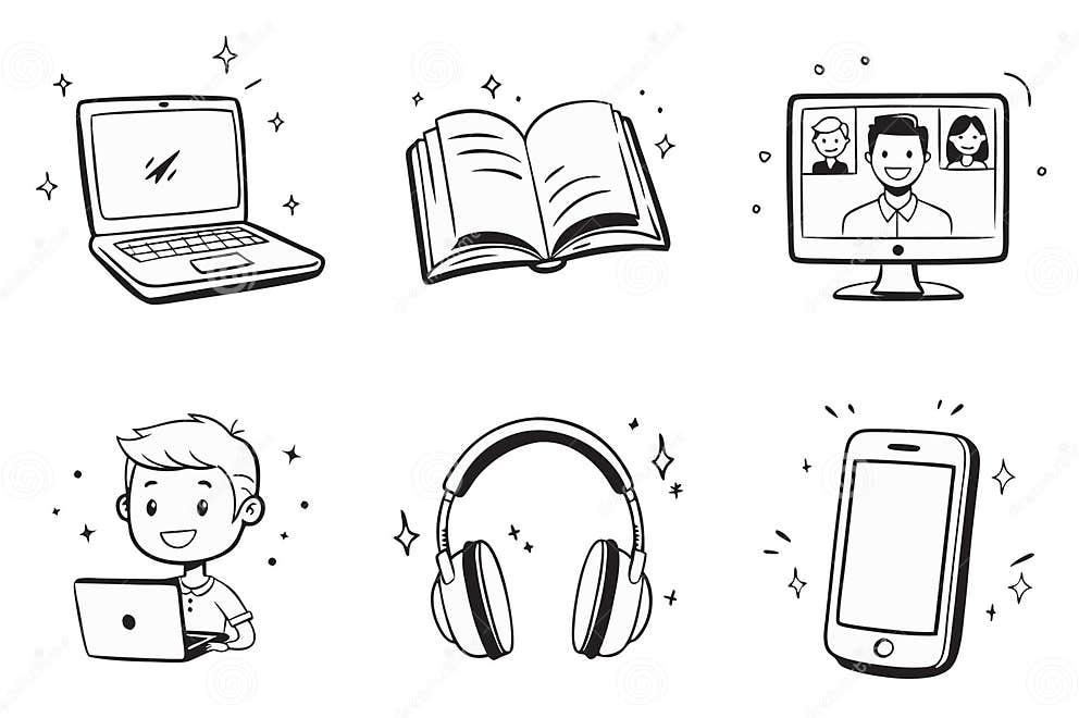 Set Vector Linear Illustrations Related To Online Education and ...