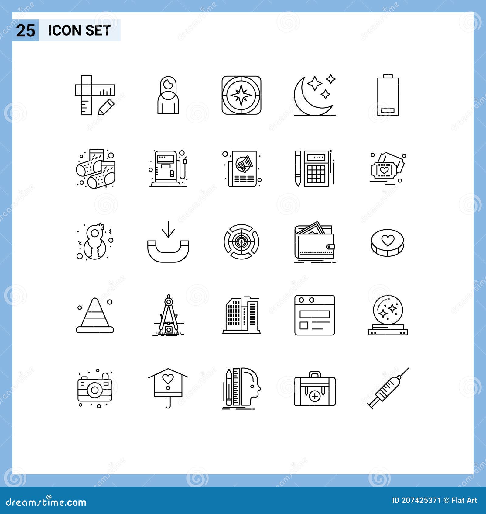 Set of 25 Vector Lines on Grid for Electricity, Battery, Compass, Night ...