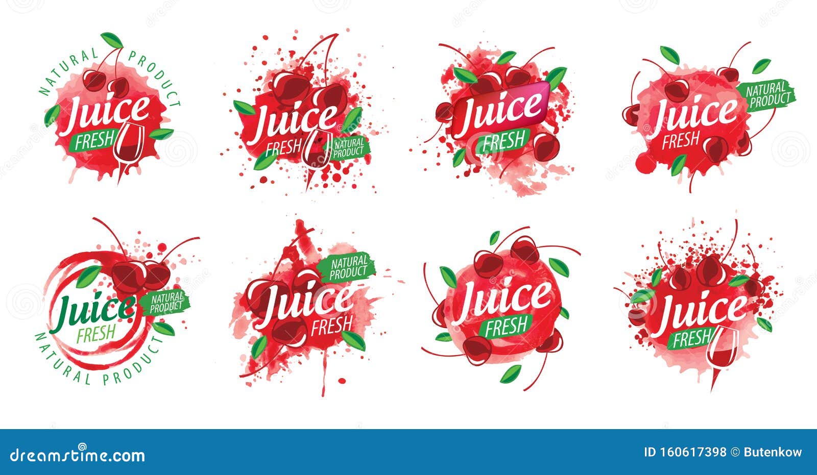 Set of Vector Logos Splashing Cherry Juice on White Background Stock ...
