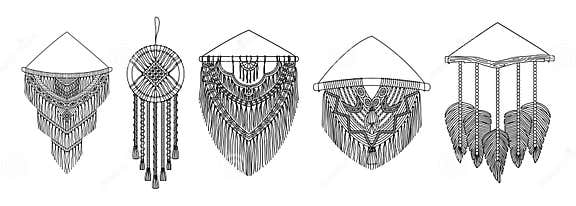 Set of Vector Macrame Murals in Boho Style. Line Art Stock Vector ...