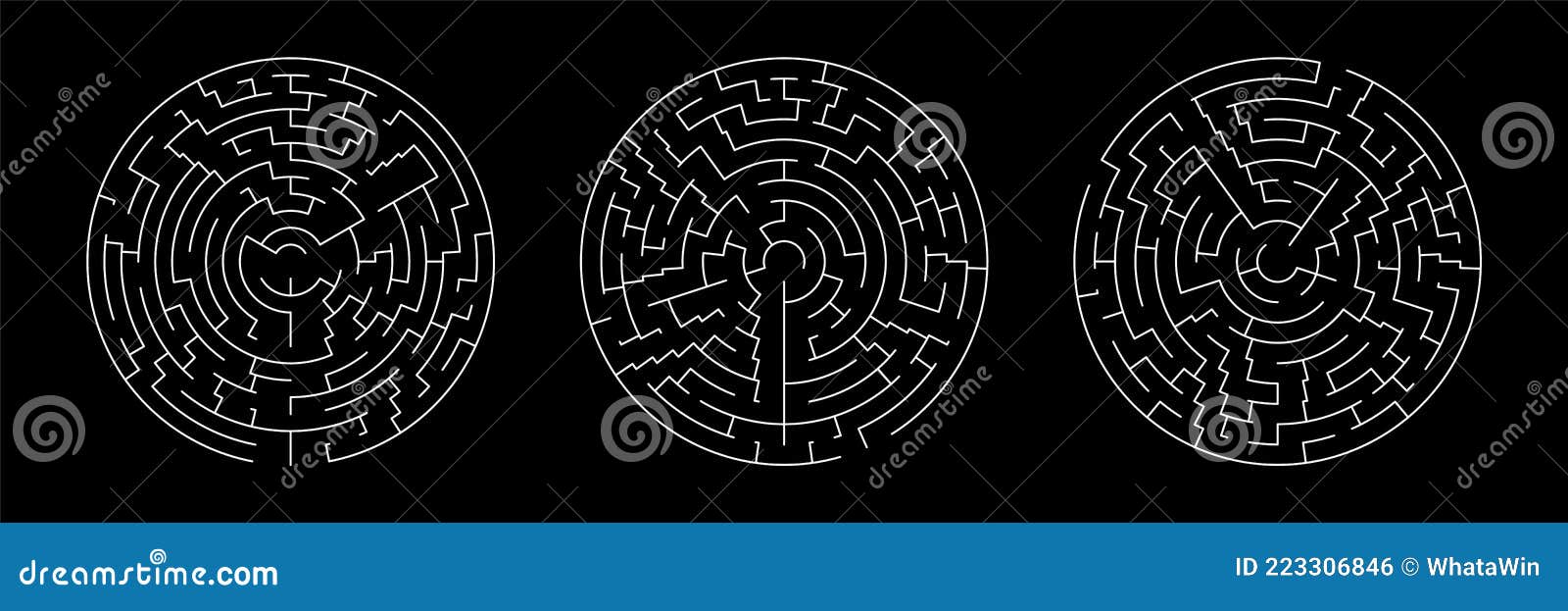 Set of Vector Mazes. Circle Labyrinth Illustration Isolated on Black ...