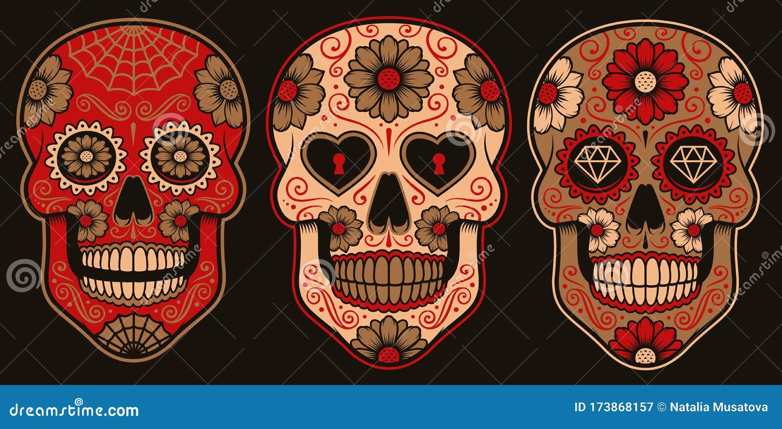 Set of Vector Mexican Sugar Skulls with Floral Element Stock Vector ...