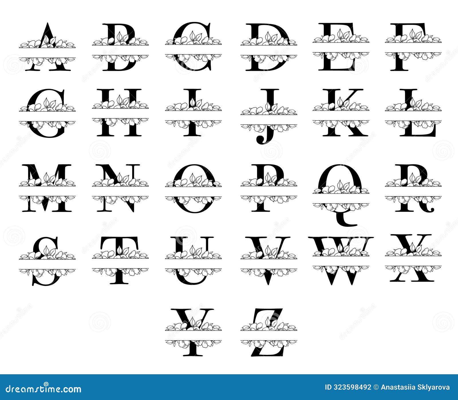 Set of Vector Monogram Letters with Flowers, Split Floral Letters Stock Vector - Illustration of ...