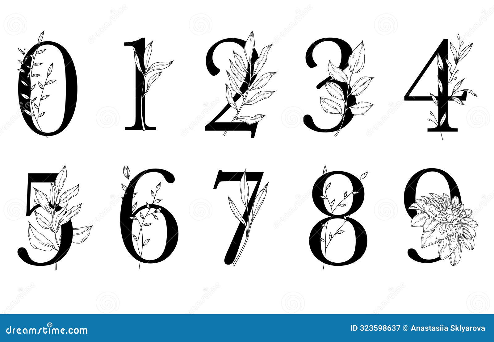 Set of Vector Numbers with Line Art Leaves Stock Vector - Illustration ...