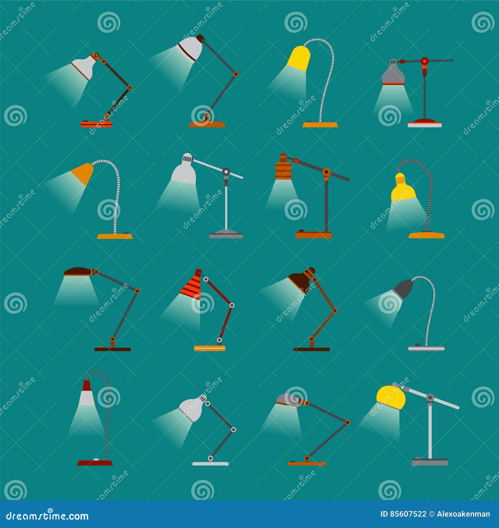 Set of Vector Office Table Lamps with Light in Flat Style Stock Vector ...