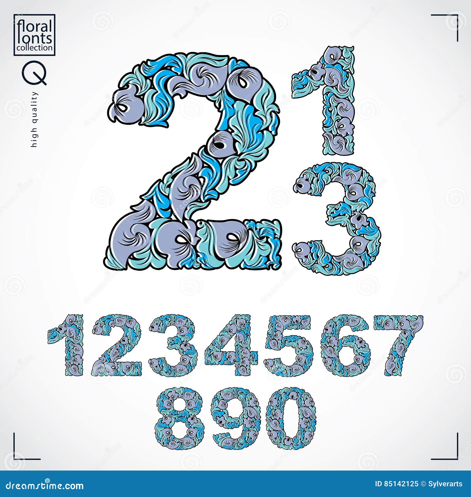 Set of Vector Ornate Numbers, Flower-patterned Numeration. Blue Stock ...