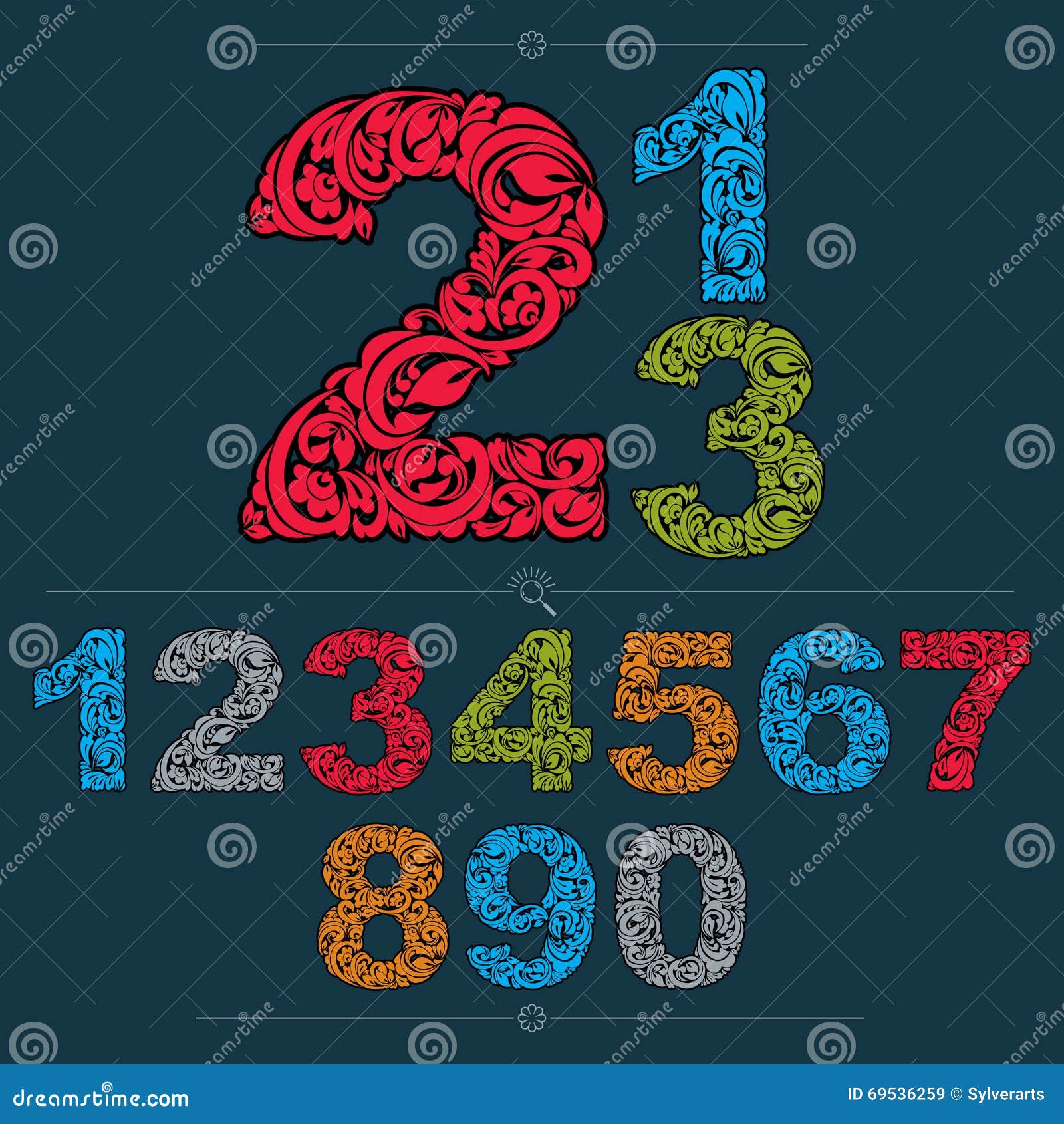 Set of Vector Ornate Numbers, Flower-patterned Numeration. Color Stock ...