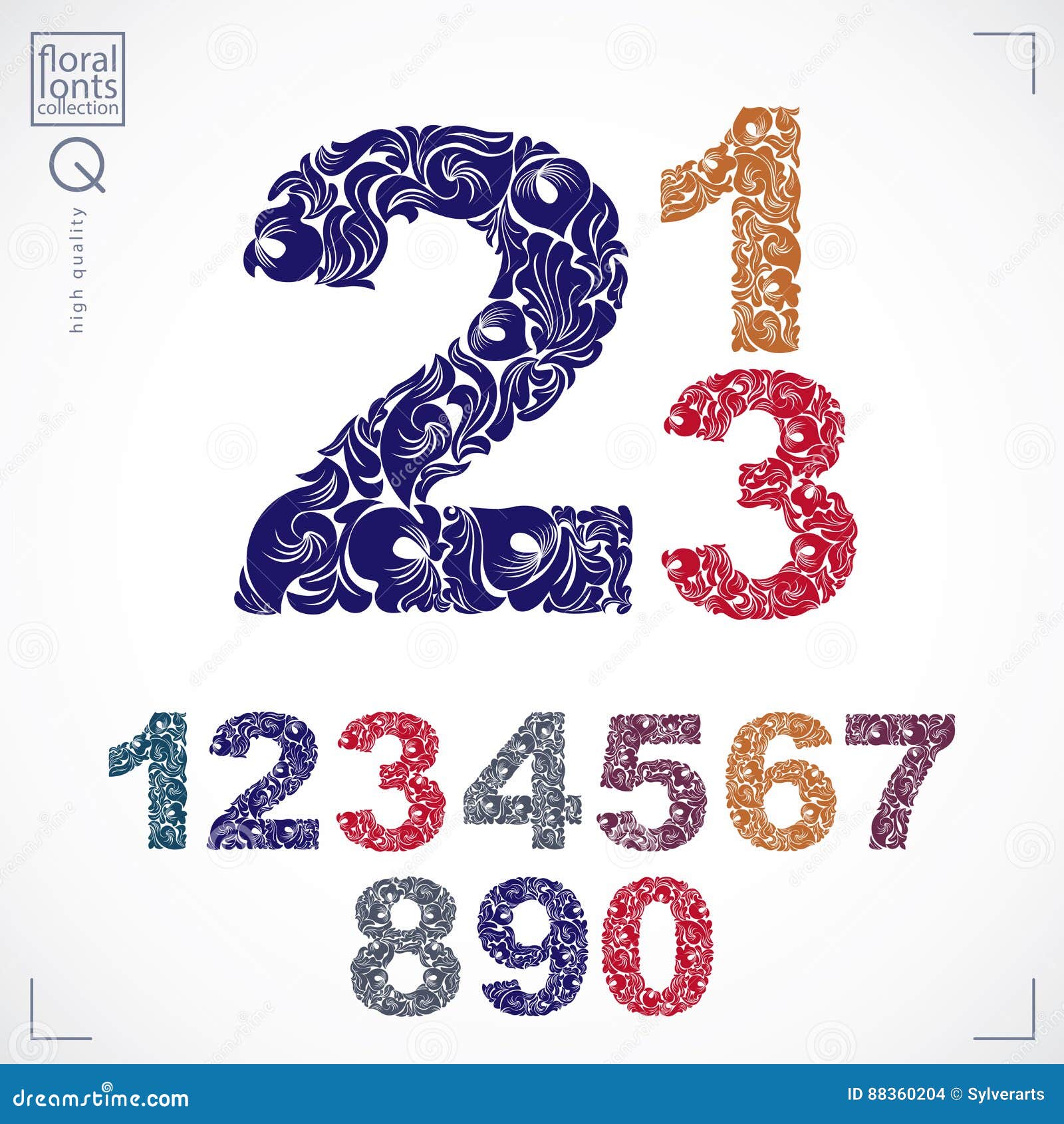 Set of Vector Ornate Numbers, Flower-patterned Numeration. Color Stock ...