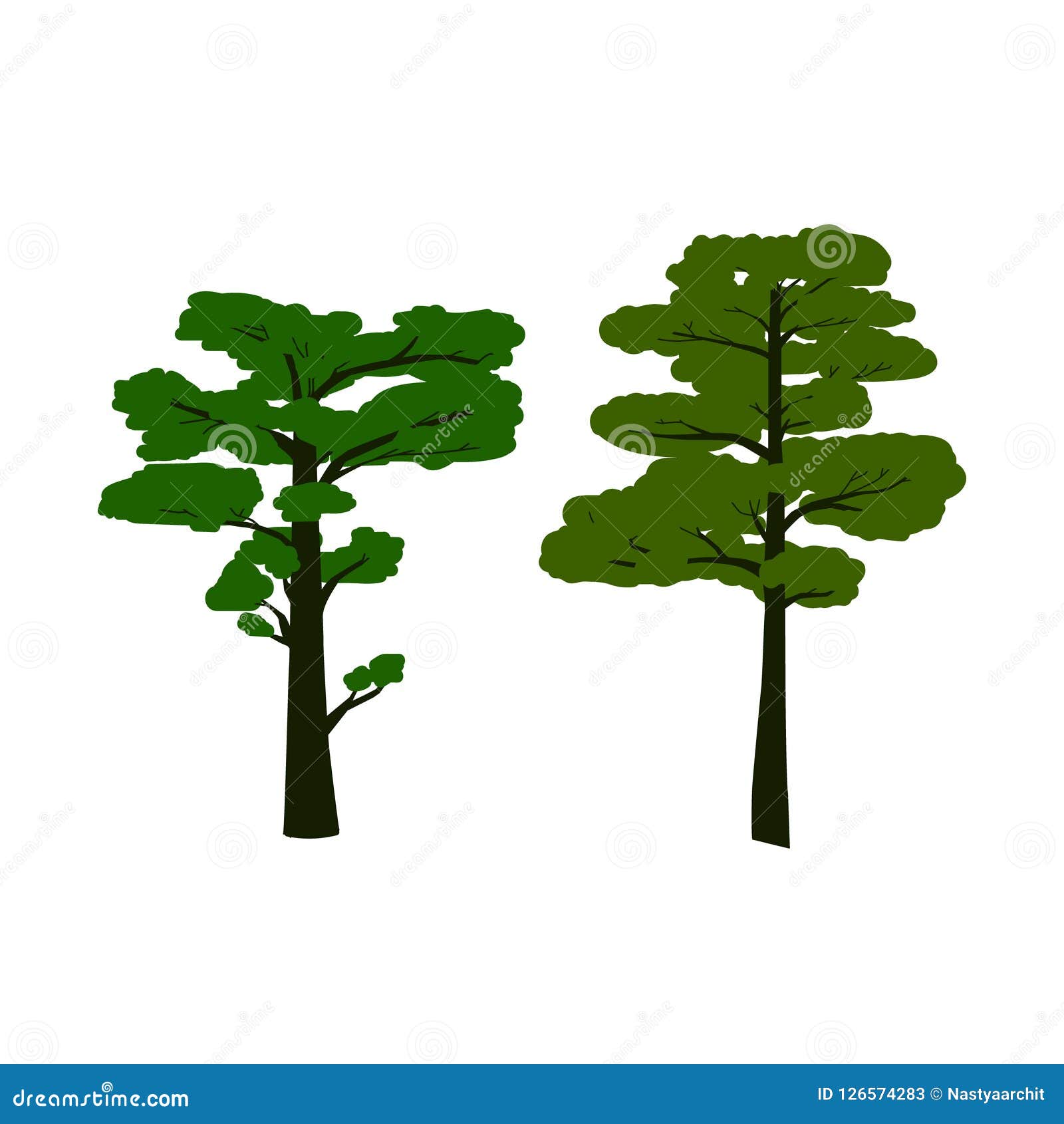 Set of Vector Pines, Two Conifers Stylized Trees Stock Illustration ...