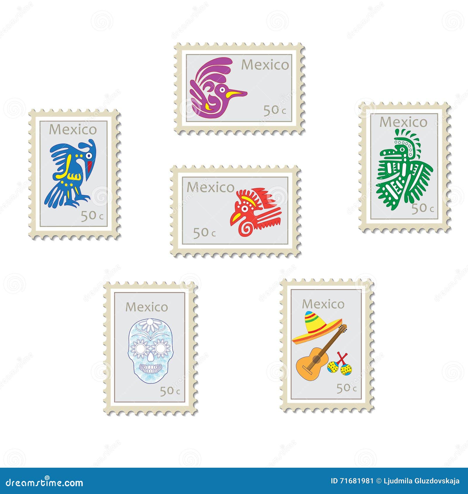 Set of Vector Postage Stamps with Symbols and Signs of Mexico Stock ...
