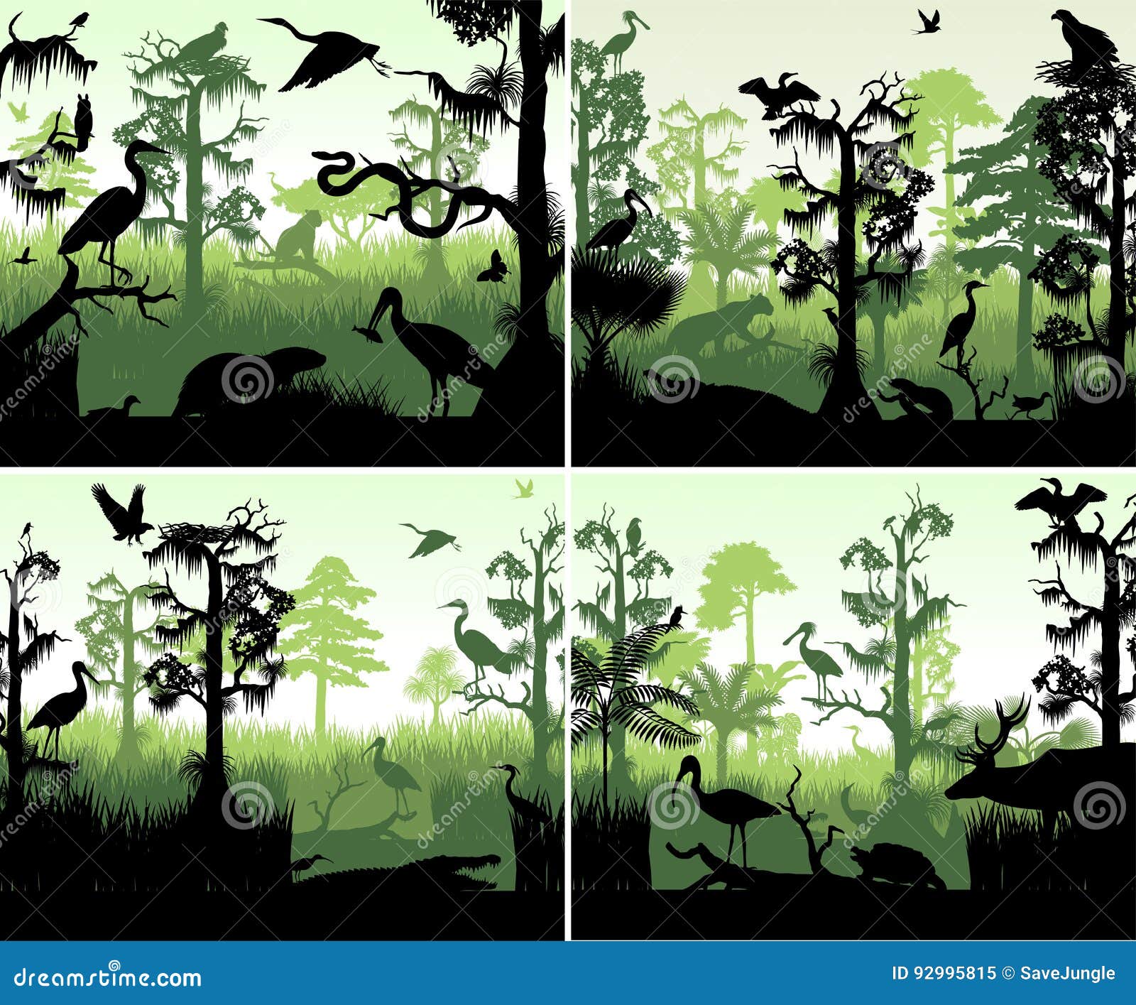 Set of Vector Rainforest Wetland in Sunset Design Template with Animals ...