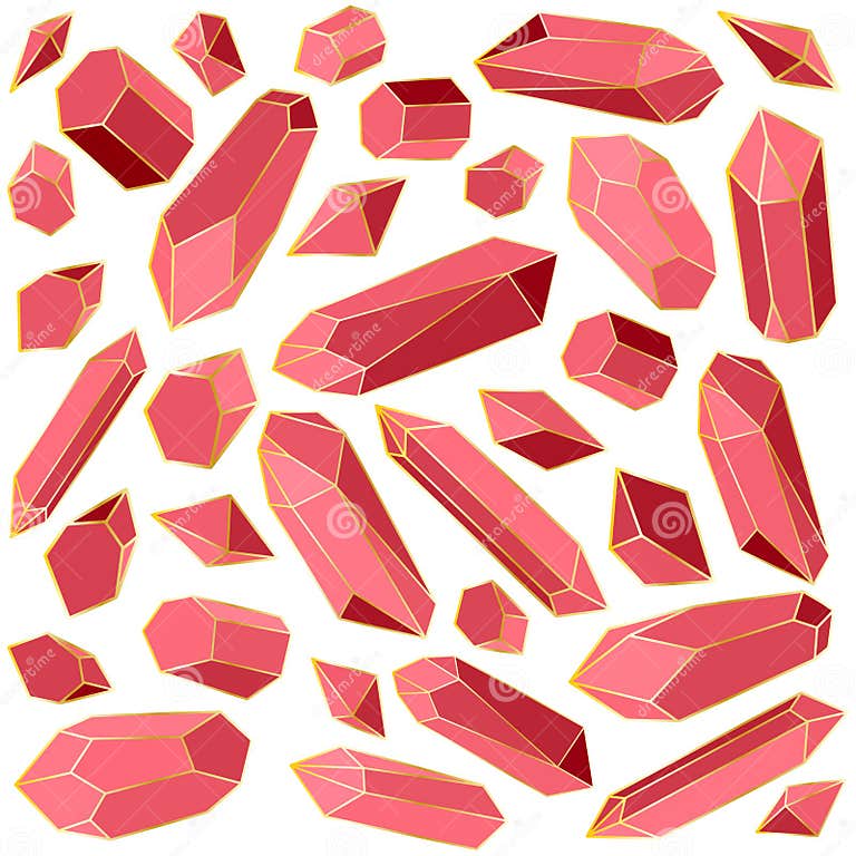 Set of Vector Red Crystals in Gold, Hand-drawn with Precious Stones ...