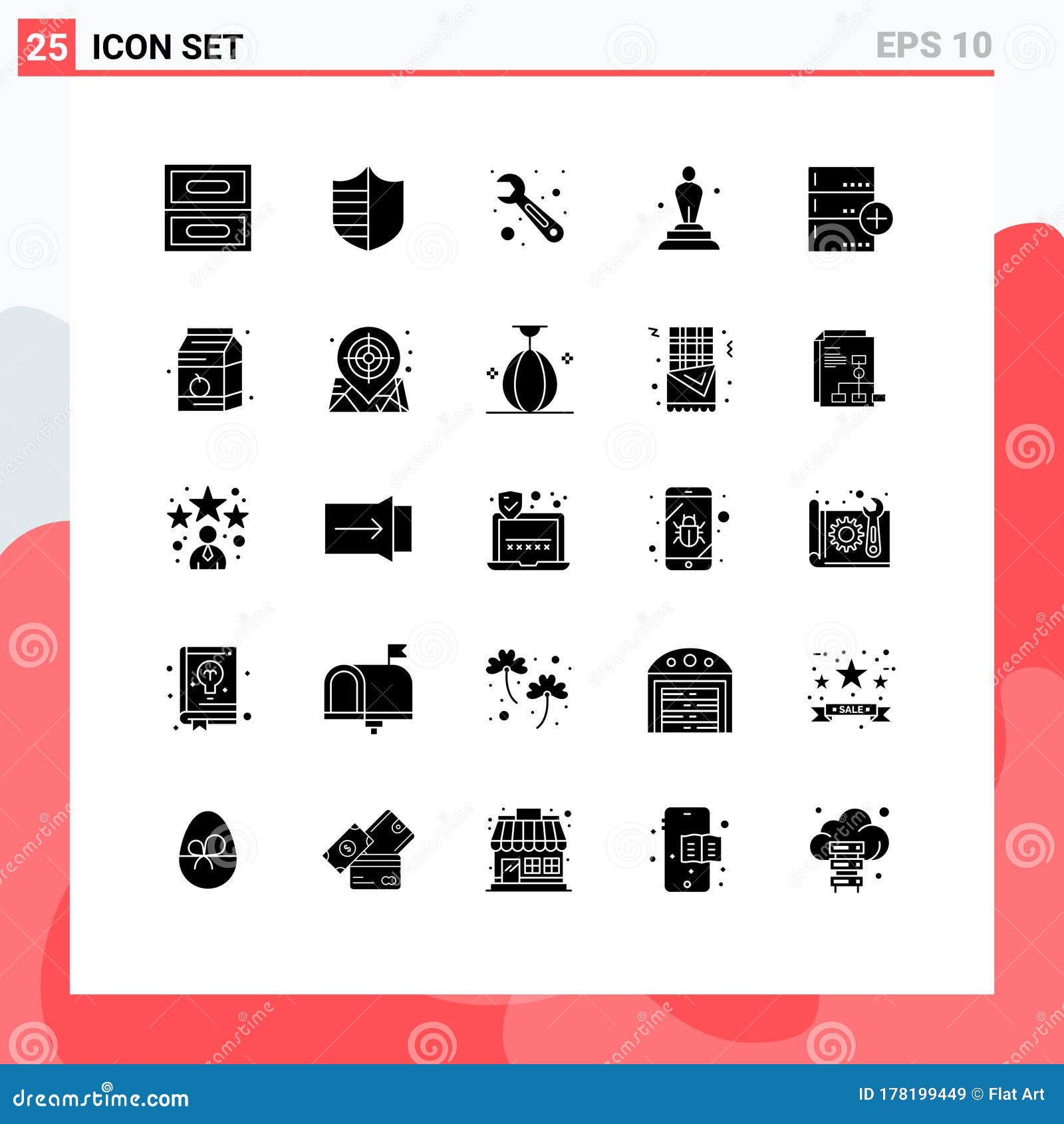 Set of 25 Vector Solid Glyphs on Grid for Base, Add, Tool, Trophy ...