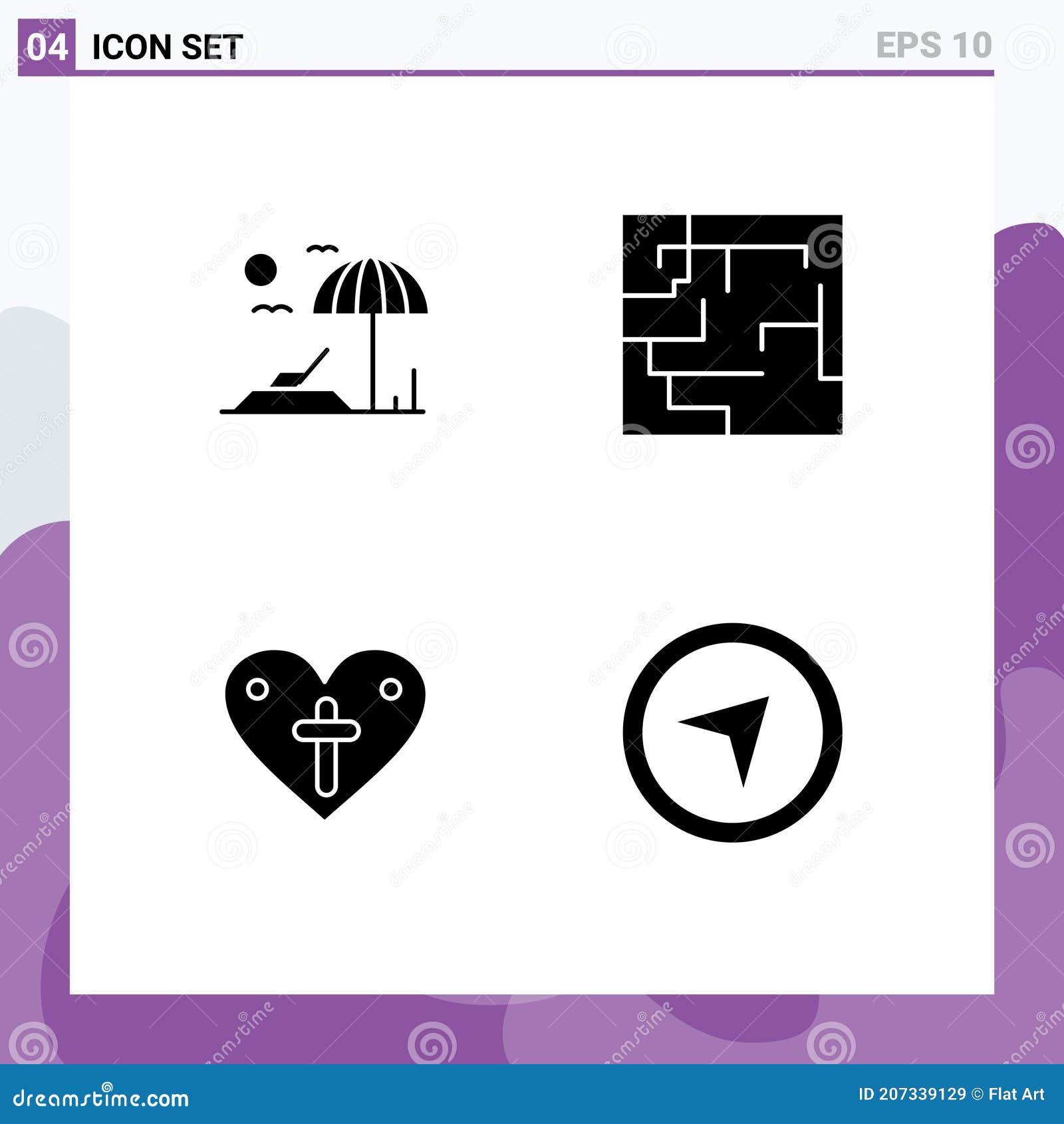 Set of 4 Vector Solid Glyphs on Grid for Beach, Loves, Labyrinth, Heart ...