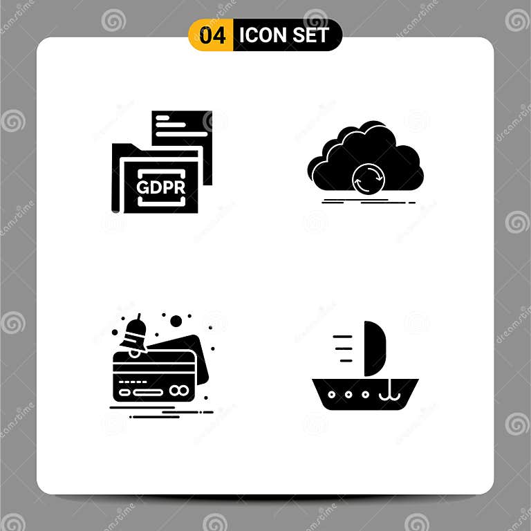 Set of 4 Vector Solid Glyphs on Grid for Data, Synchronization, Folder ...